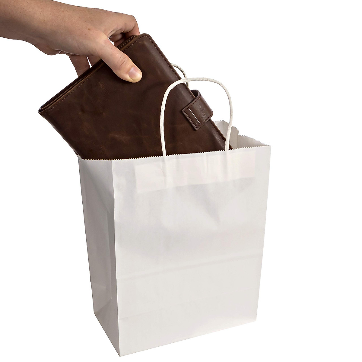 [50 Bags] 8 X 4.5 X 10.5 Kraft Paper Gift Bags Bulk with Handles. Ideal for Shopping, Packaging, Retail, Party, Craft, Gifts, Wedding, Recycled, Business, Goody and (White)