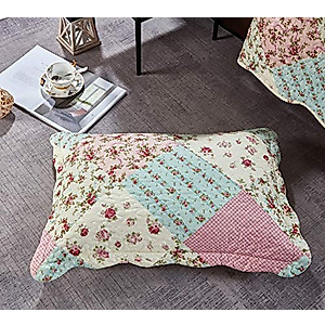 Brilliant Sunshine Pink and Green Rose Patchwork, 2-Piece Quilt Set with 1 Sham, Reversible Bedspread, Soft Lightweight Coverlet, All-Season, Twin, Pink Green