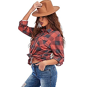 Women Cuffed Long Sleeve Boyfriend Button Down Plaid Flannel Shirt