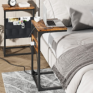 C Table End Table with Charging Station, Side Table with USB Ports and Outlets for Small Spaces, Nightstand with Metal Frame for Living Room, Bedroom, Office, Rustic Brown and Black HCT002