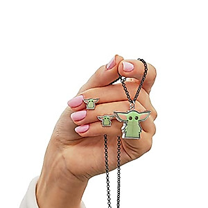 Disney Star Wars The Mandalorian Grogu Fashion Stud Earrings and Necklace Set, Officially Licensed