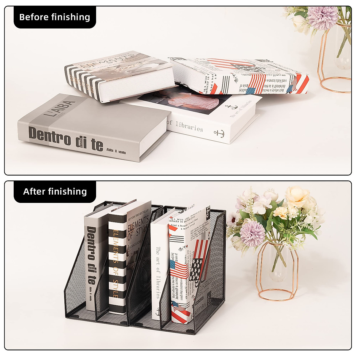 2 Set Magazine Holder Metal Wire, 2 Compartments Mesh File Holder for Desk, Office Desk Accessories Decorative File Box, Black