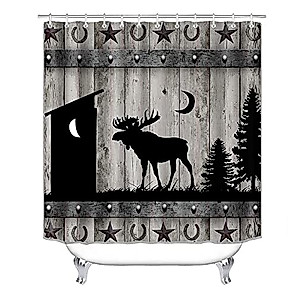 Camille&Andrew 4PCS/Set Rustic Deer Shower Curtain, Black Outhouse Pine Tree Moon Western Texas Star Horseshoe Wildlife Hunting Cabin Grey Barn Door Farmhouse Bathroom Decor, Non-slip Bath Rugs, Moose