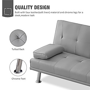 Ucloveria Futon, Multifunctional Foldable Recliner Sleeper Sofa w/ 2 Cup Holders, Loveseat Daybed Guest Bed for Compact Living Spaces, Apartments, Dorms, w/Removable Armrests, Gray(Faux Leather)