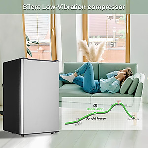 Upright Freezer 3.6 Cubic Feet, Mini Freezer with Removable Baskets, 3 Level Adjustable Temperature from -13°F to 23°F, Manual Defrosting, Reversible Stainless Steel Door, Suitable for Home, Silver