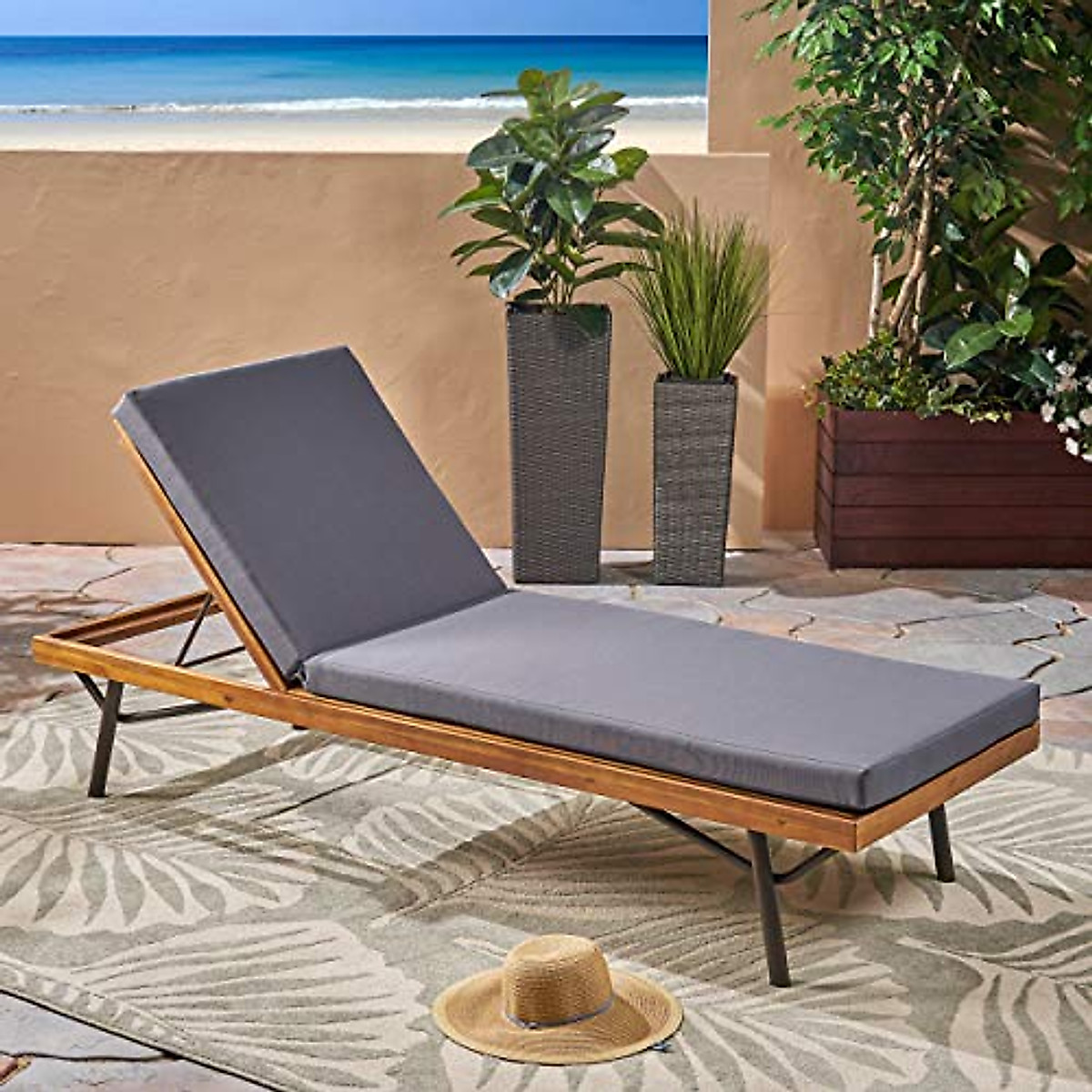 Christopher Knight Home Lilith Outdoor Chaise Lounge, Teak Finish + Rustic Metal + Dark Gray