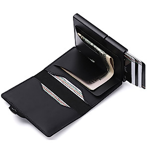 TNE Airtag Wallet (Airtag not Included) Genuine Leather Credit Card Money Holder Automatic Pop Up Mini Aluminum Wallet with Zipper Coin Pocket | Airtag Case Men or Women Air Tag Cover (Black)