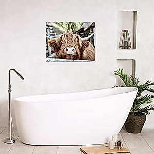LB Highland Cow Canvas Wall Art Funny Farm Brown Bull Canvas Prints Rustic Animal Cattle Artwork Country Modern Painting Picture Poster for Bathroom Bedroom Living Room Wall Decor,16x12 Inch