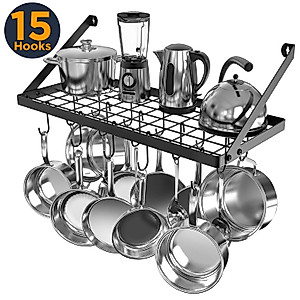 Vdomus Hanging Pot Rack, Wall Mounted Pots and Pans Holder 29.3 by 13 Inch, Kitchen Cookware Organizer for Pots and Pans Storage, 15 Moveable Hooks Square Grid, Silver