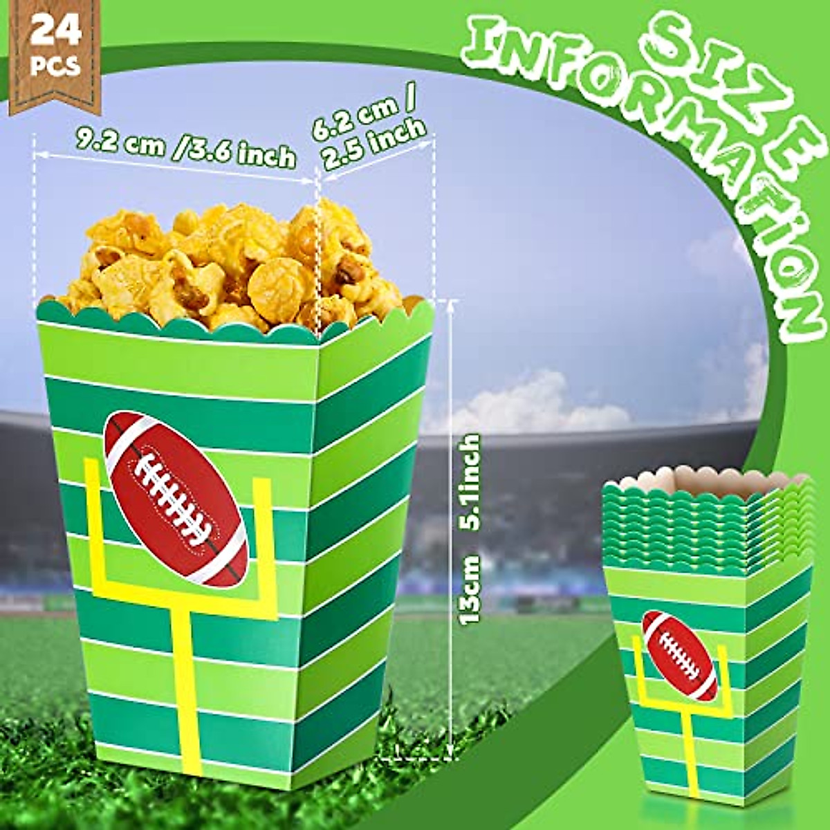 Zubebe 36 Pcs Football Popcorn Boxes Football Party Favor Football Party Supplies Paper Snack Cups Sports Theme Disposable Popcorn Bowl for Birthday Sports Event, 5.1 x 3.6 x 2.5''