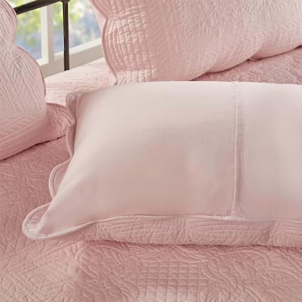 Madison Park Daybed Cover Set-Trendy Damask Quilting with Scalloped Edges All Season Luxury Bedding with Bedskirt, Matching Shams, Decorative Pillow, 75"x39", Tuscany Blush, 6 Piece