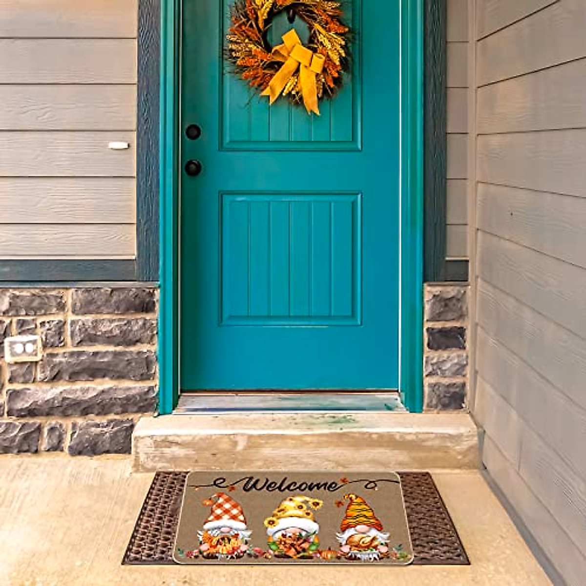 TREWAVE Fall Welcome Decorative Doormat Gnome Non-Slip and Washable Door Mat Pumpkin Sunflower Turkey Maple Leaf Fall Harvest Thanksgiving Floor Mat Indoor Outdoor 17 x 29 Inch