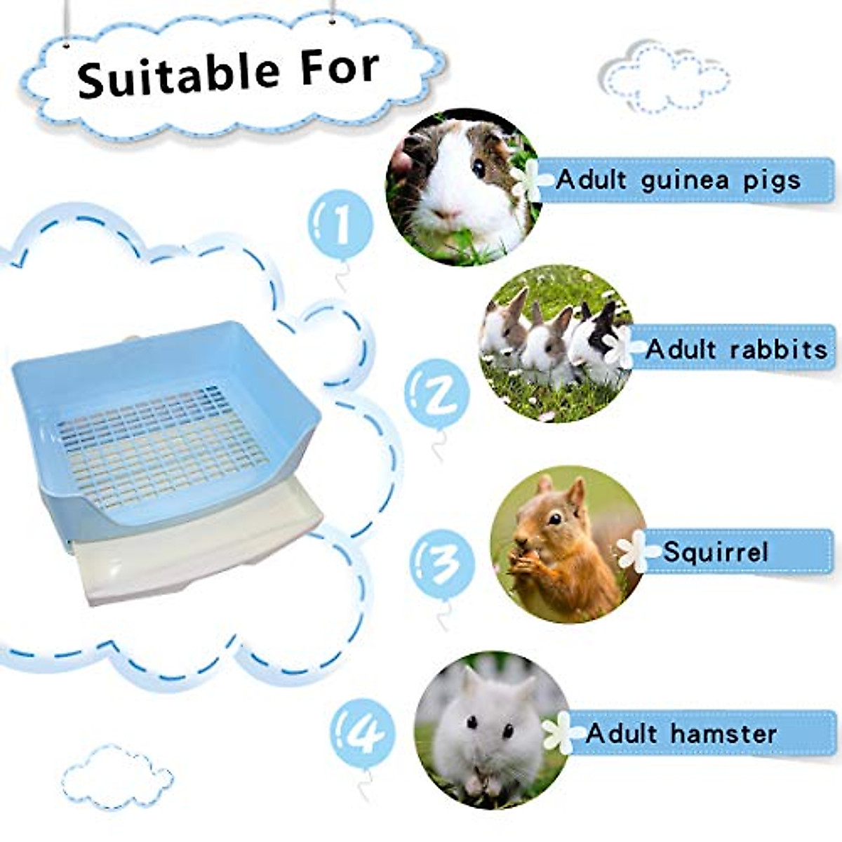 PINVNBY Large Rabbit Litter Box Bigger Pet Litter Pan Trainer with Drawer Corner Toilet Box for Adult Guinea Pigs Chinchilla Ferret Hedgehog Small Animals(Blue)