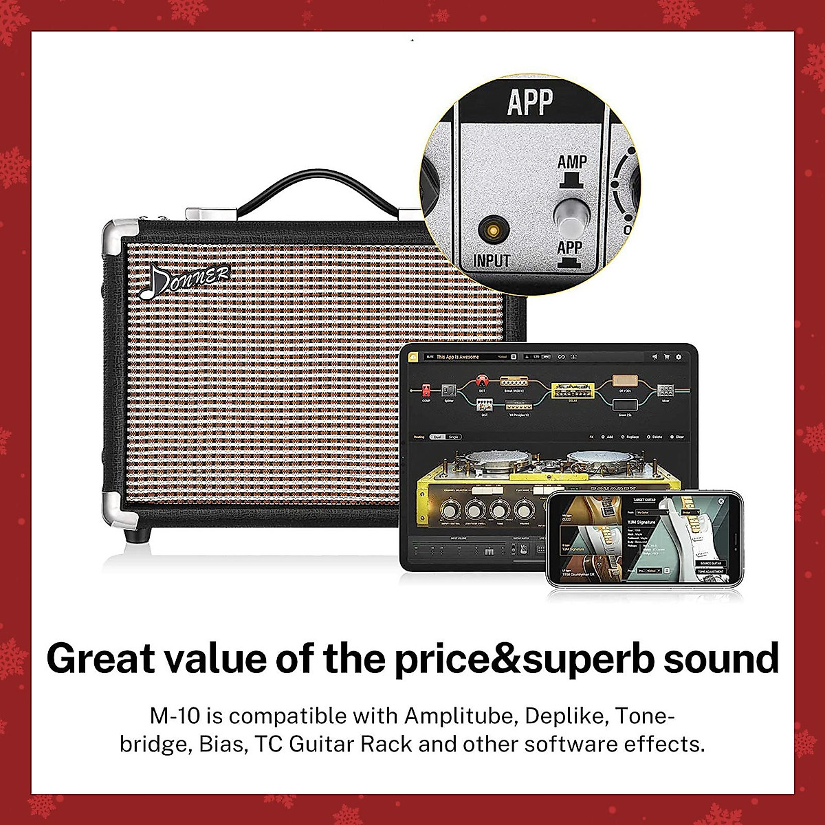 Donner 39 Inch TL Electric Guitar & 10W Guitar Amplifier, Electric Bass Guitar Amp Protable with APP Effector Input for Recording，Acoustic Guitar Combo Practice Amp Protable M-10 with Distortion Tone