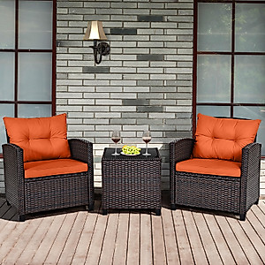 RELAX4LIFE 3 Piece Patio Furniture Set, Wicker Bistro Conversation Set w/2 Cushioned Armchairs & Glass Topped Table, Outdoor Rattan Sofa Set Patio Furniture for Porch Balcony Poolside (Orange)