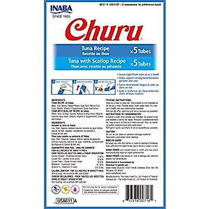 INABA Churu Cat Treats, Grain-Free, Lickable, Squeezable Creamy Purée Cat Treat/Topper with Vitamin E & Taurine, 0.5 Ounces Each Tube, 10 Tubes Total/Two Flavors, Tuna Variety