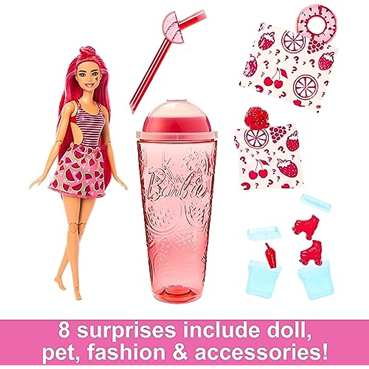 Barbie Pop Reveal Doll & Accessories, Watermelon Crush Scent with Red Hair, 8 Surprises Include Slime & Squishy Puppy