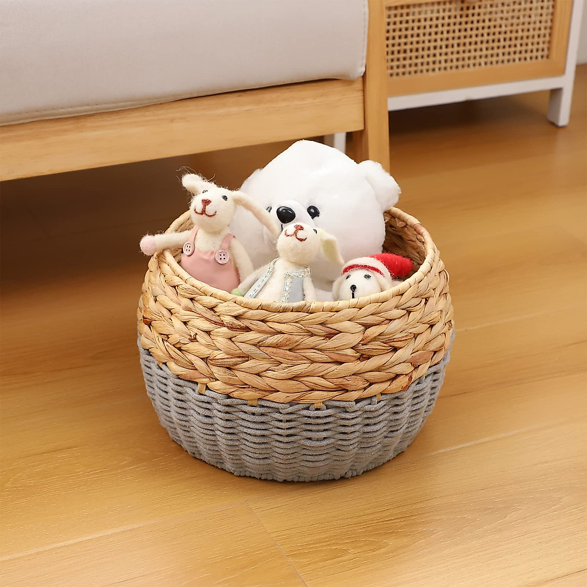 YAHUAN Round Woven Water Hyacinth Storage Basket - Cotton Rope Wicker Decorative Basket for Organizing Blankets - Living Room Bathroom (Grey)