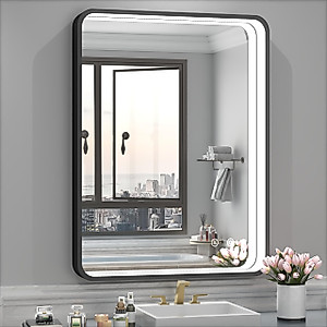 JSneijder 24x32 Inch Black LED Bathroom Mirror, Black Framed Vanity Mirror with Lights, Anti-Fog Bathroom Mirror, Wall Mounted Dimmable Lighted Bathroom Mirror(Horizontal/Vertical)