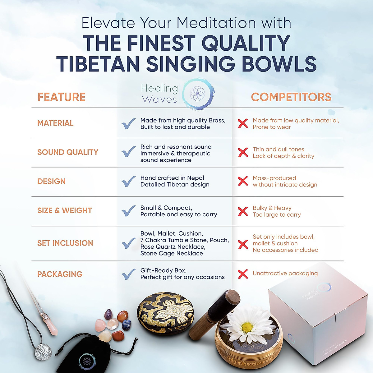 Tibetan Singing Bowl Set - 7 chakra healing crystal stones, Rose Quartz Pendulum Necklace - Handcrafted in Nepal for Meditation, Mindfulness, Yoga, Spiritual Healing and Stress Relief