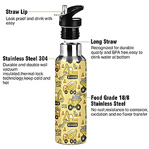 Truck Yellow Water Bottle Boys Kids Insulated Thermos Stainless Steel Hot Cold Water Flask Jug with Straw Lid for Sports Gym Running 20 oz
