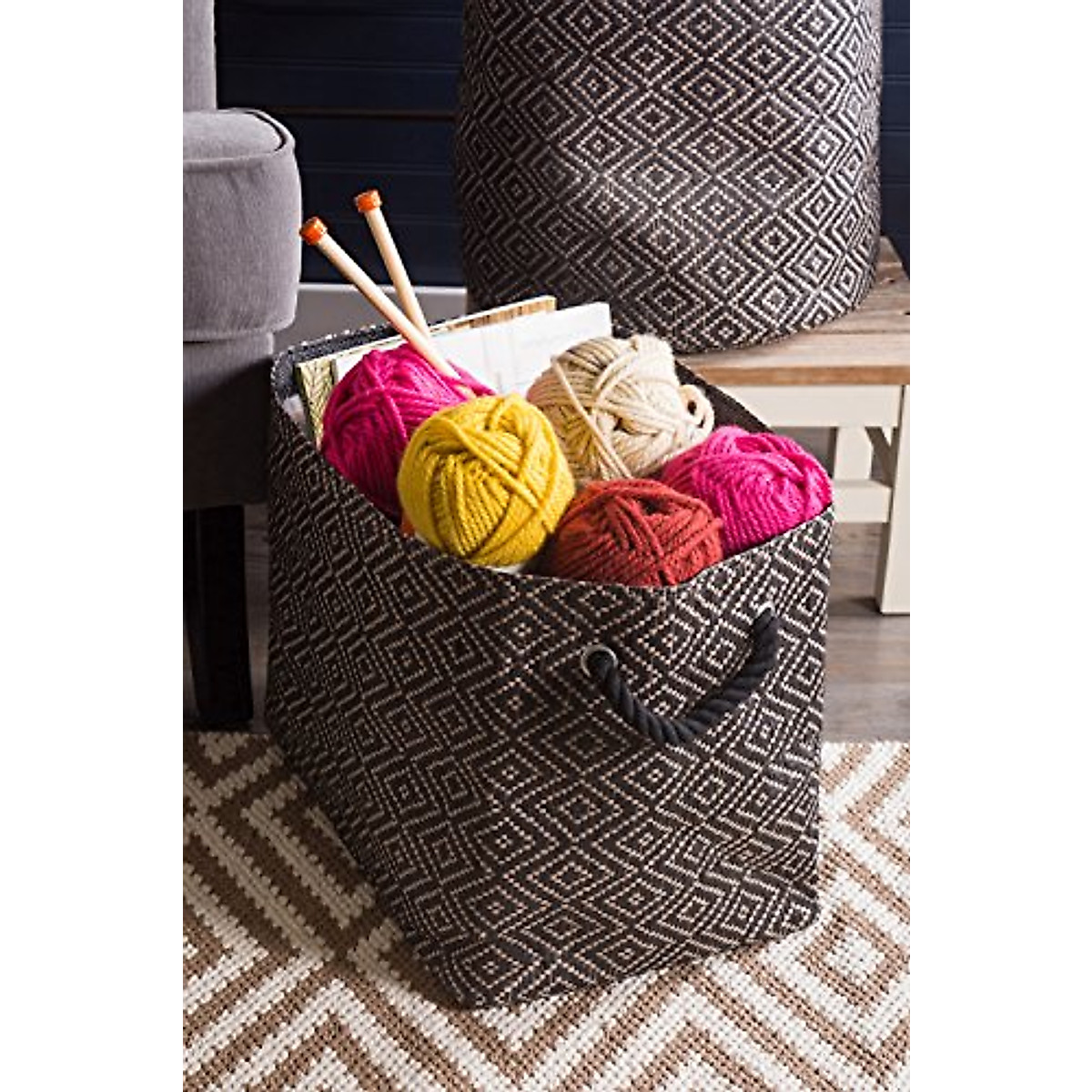 DII Woven Paper Storage Bin, Diamond Basketweave, Stone/Black, Large