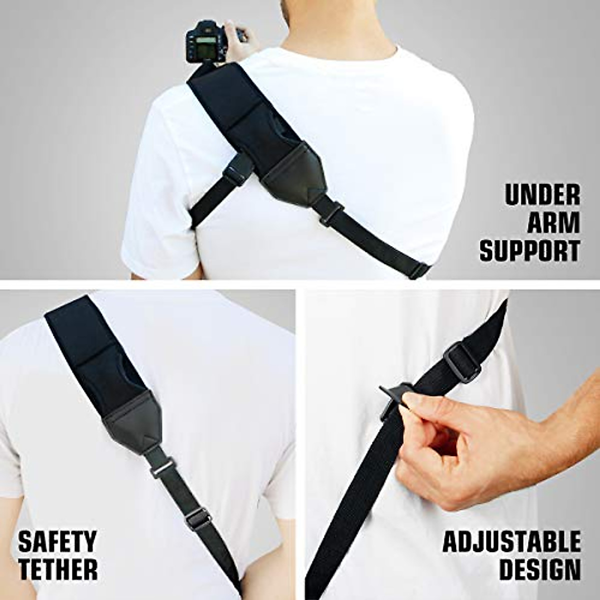 USA GEAR Camera Sling Shoulder Strap with Adjustable Neoprene, Safety Tether, Accessory Pocket, Quick Release Buckle - Compatible with Canon, Nikon, Sony and More DSLR and Mirrorless Cameras (Black)