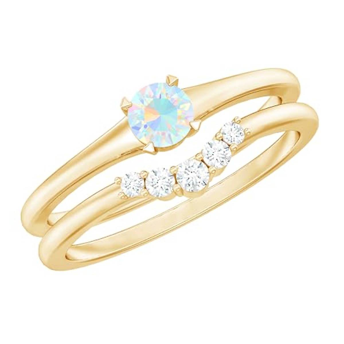 Certified Opal Diamond Wedding Ring Set, AAA Quality, Natural Rainbow Opal Engagement Ring with Enhancer, 14K Yellow Gold, Size:US 4.00