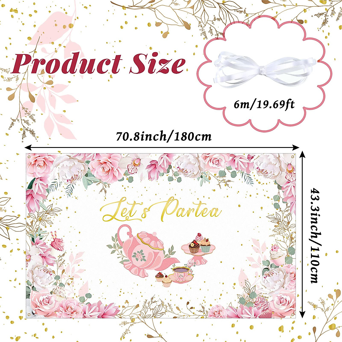 Let's Partea Tea Party Birthday Backdrop Tea Party Banner Decorations Tea Party Picture Background for Baby Shower Birthday Party Decorations Photo Booth (White, 6 x 3.6 ft)