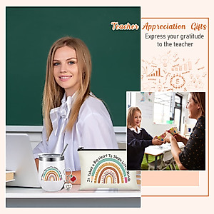 SEEWEY 3 Pieces Back to School Teacher Gifts Teacher Appreciation Gifts 12 oz Teacher Wine Stainless Steel Tumbler Makeup Bag Keychain Insulated Coffee Tumbler Canvas Cosmetic Bags Thank You Gifts