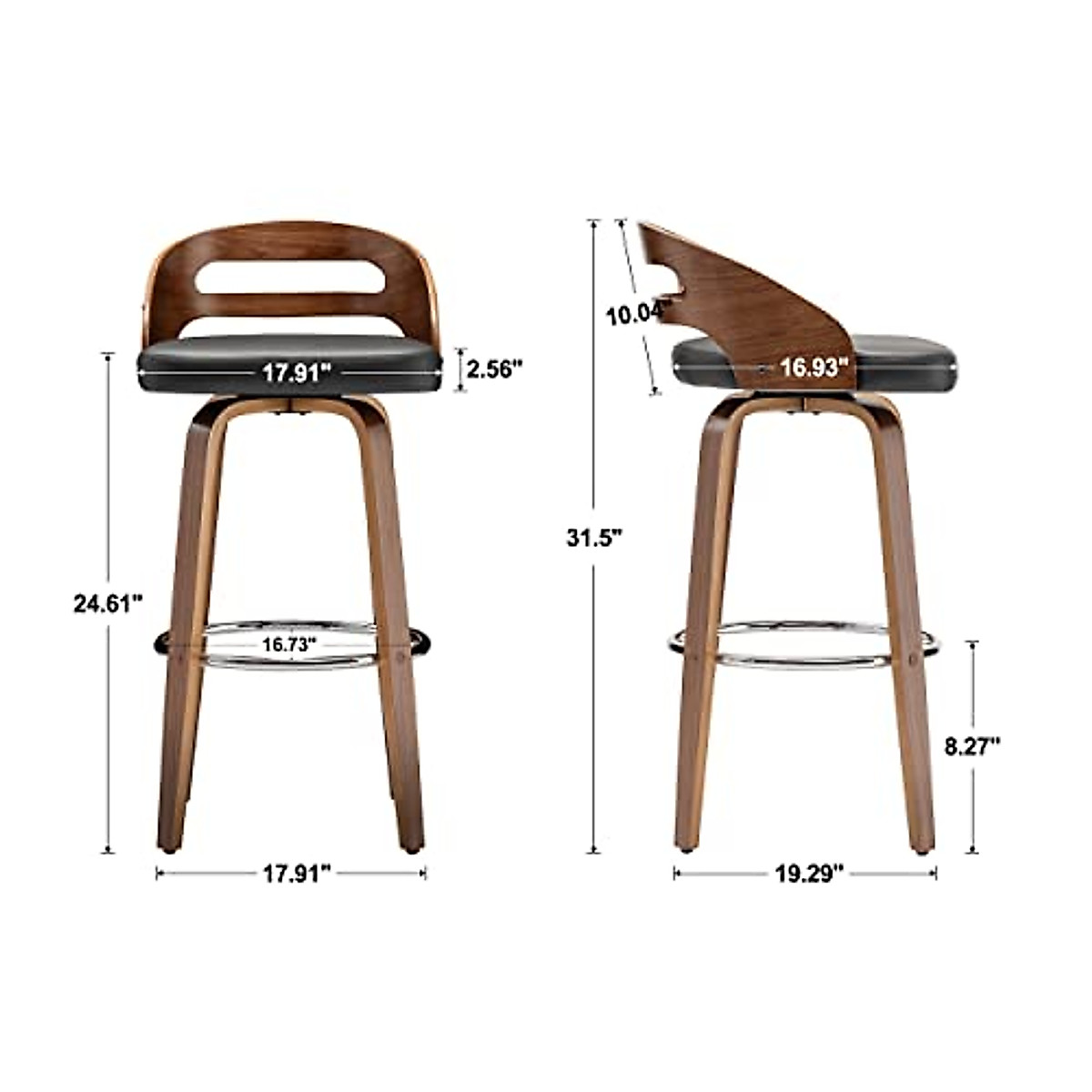 Bar Stools Set of 2, Swivel Bar Height Stools with Walnut Bentwood, Low Back, Upholstered Faux Leather, Soft Cushion Seat, Mid Century Bar Stools for Kitchen/Island/Counter (Black, 25" Seat Height)