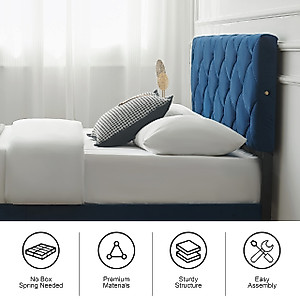AsKmore Queen Size Bed Frame,Velvet Upholstered Platform with Headboard and Strong Wooden Slats,Non-Slip and Noise-Free,No Box Spring Needed, Easy Assembly,Navy Blue