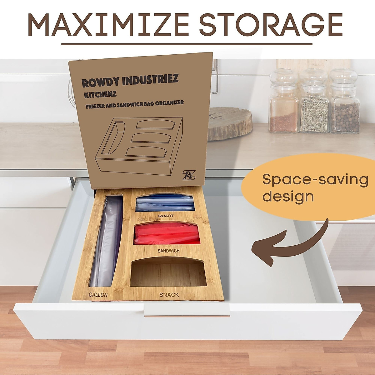 Ziplock Bag Organizer - Bamboo Sandwich/Storage Bag Organizer Kitchen Drawer or Wall, Food Storage Bag Organizer, Fits Four (4) Bag Sizes, Universally Compatible