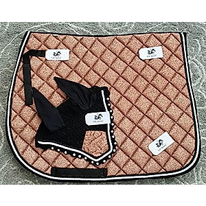 Glittery Shine Horse English Saddle Pad Set with Matching Fly Bonnet Set Ear Net Fly Veil (Rose Gold)