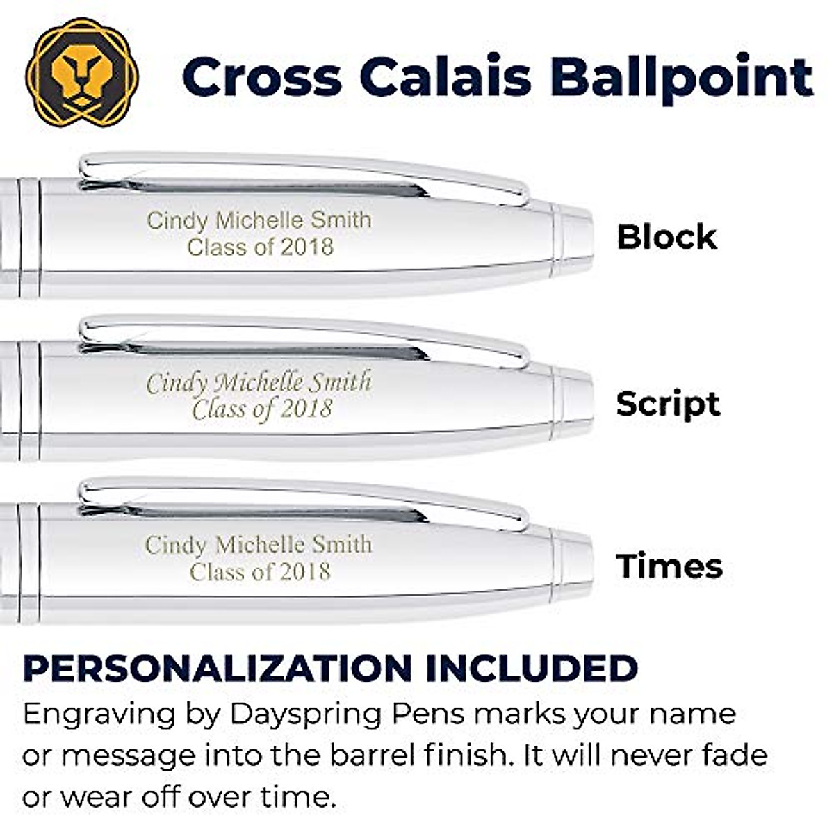 Dayspring Pens Personalized Cross Pen | Engraved Cross Calais Ballpoint Pen - Chrome. 2 Lines of Engraving Included. Customized Graduation Pen, or Gift for Men or Women.