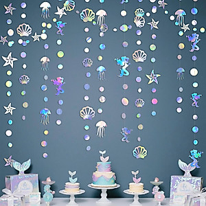 40 Ft Iridescent Mermaid Garland with Jellyfish Seashell Starfish Pearl Holographic Paper Streamer for Little Mermaid Rainbow Theme Birthday Bachelorette Baby Shower Under The Sea Party Decorations