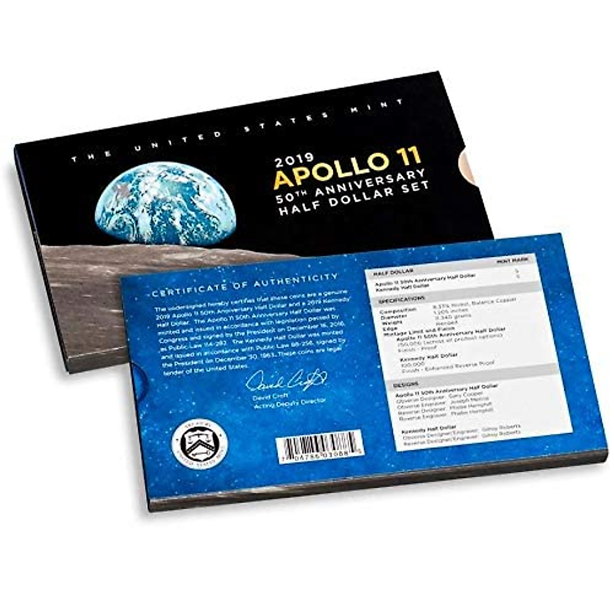 2019 S Apollo 11 - Special Limited Edition - Half Dollar - 2 Coin Set with Enhanced Reverse Proof - 50th Anniversary - (1/2) US Mint Proof - DCAM - with Unique Curved Half Moon Coin
