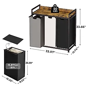 Herture Laundry Hampers with Shelf, Laundry Basket 3 Section, Laundry Sorter with Pull-Out Removable Large 3 Color Bags and Movable Wheels, Metal Frame, 3 x 15.87 Gallons (60L), Rustic Brown PF04XLN