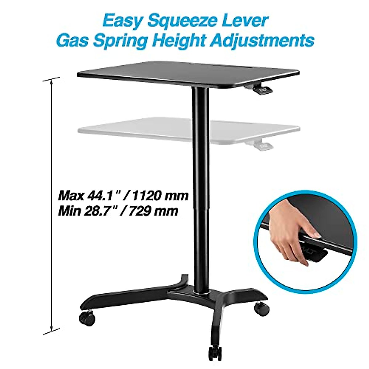 AVLT 44" Ambidextrous Pneumatic Laptop Standing Desk Cart (3 ft 8 in) - Mobile Rolling Desk - Computer Projector Cart - Rolling Height Adjustable Folding Desk - Mobile Black Cart with Brake Casters