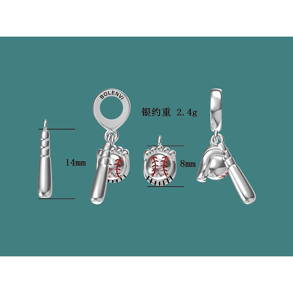 Bolenvi Baseball Bat Glove Sports 925 erling Silver Pendant Charm Bead For Pandora & Similar Charm Bracelets or Necklaces