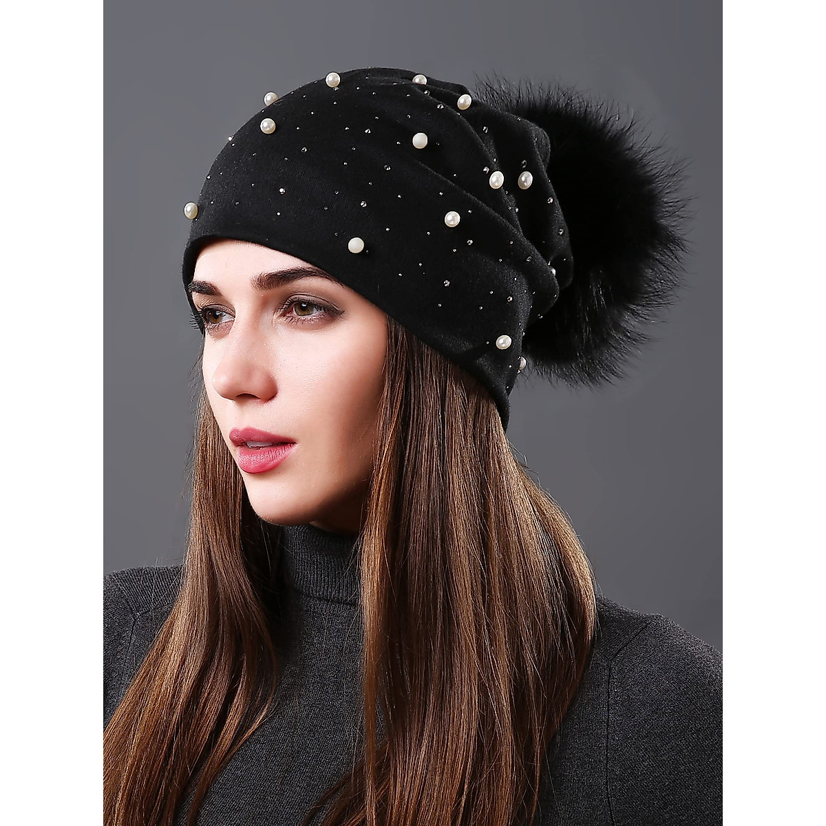 AICHUAN Womens Slouchy Beanie Hat with Real Raccoon Fur Ball Pompom Cotton Pearls Winter Fall Hat
