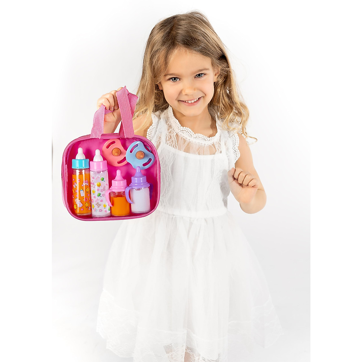 fash n kolor®, My Sweet Baby Disappearing Doll Feeding Set | Baby Care 6 Piece Doll Feeding Set for Toy Stroller | 2 Milk & Juice Bottles with 2 Toy Pacifier for Baby Doll