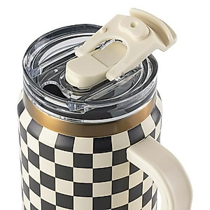 Thymes & Tables Tumbler with Handle, Dual Straw Lid, Stainless Steel Double Wall Insulated, Cream & Black, 32oz