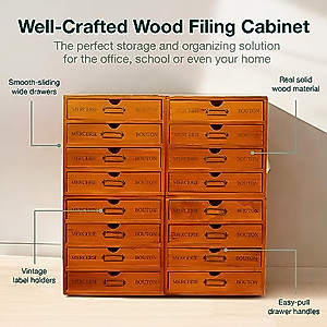 16-Drawer Wooden Storage Box (19.6”x6.89”x19.6”) VIntage Filing Cabinet in Walnut Wood - 16-Slot Wooden Desk Drawer Unit w/Label Holders & Handles - Multi Level Countertop Drawer Organizer