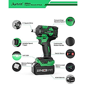 Avhrit Impact Wrench with a Battery, 650Nm/479ft-lbs Impact Wrench 1/2, Cordless Compact Impact Wrench, Brushless Impact Driver Kit for Car Tires Home