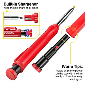 Hiboom 2 Pack Solid Carpenter Pencil with 14 Refill, Long Nosed Deep Hole Mechanical Pencil Marker with Built-in Sharpener for Carpenter Woodworking Architect Fathers Day Gift (Black, Red)