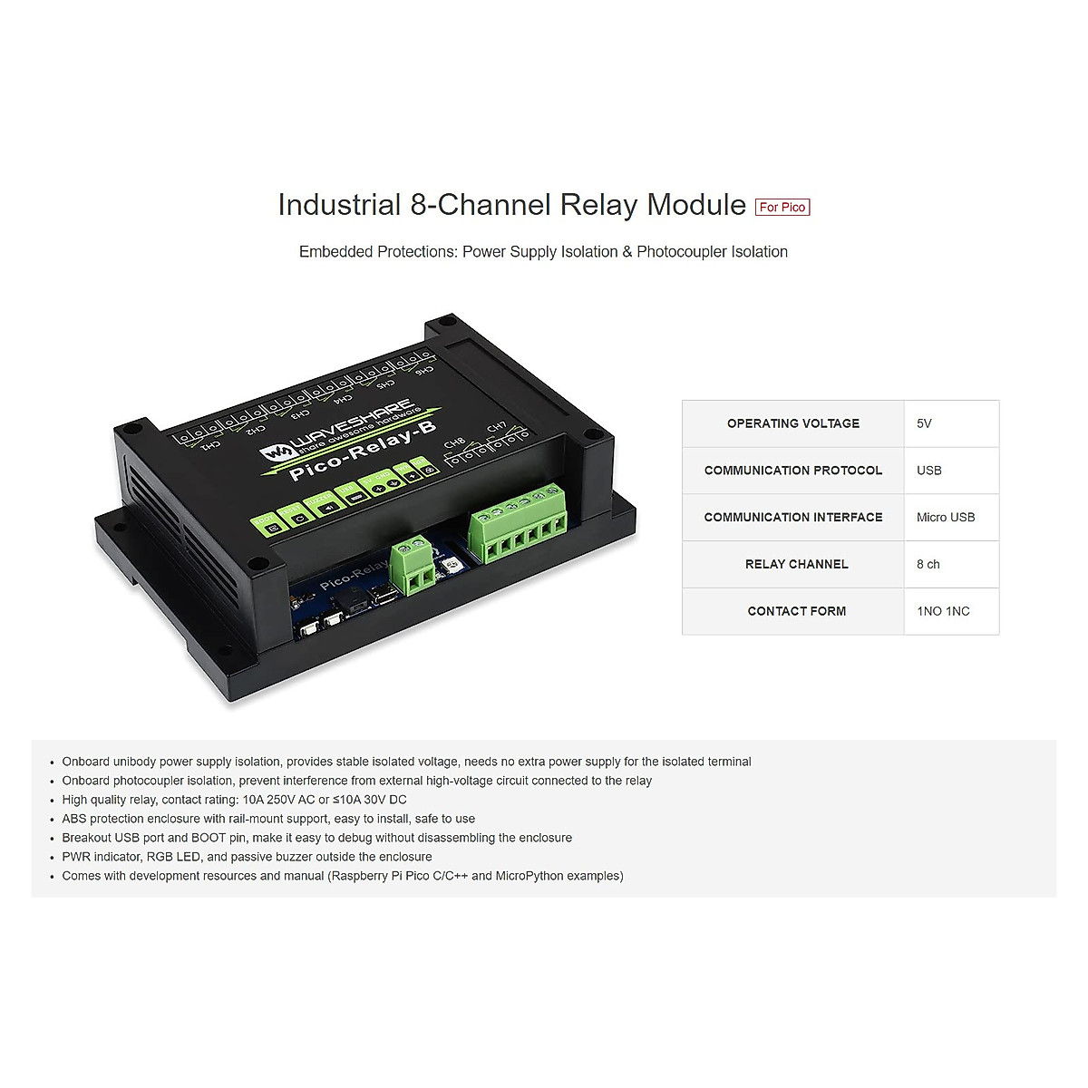 Waveshare Industrial 8-Channel Relay Module for Raspberry Pi Pico Power Supply Isolation Photocoupler Isolation