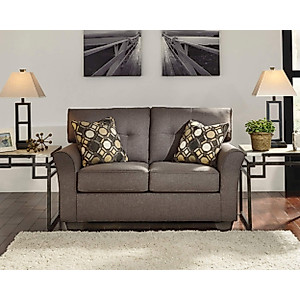 Signature Design by Ashley Tibbee Tufted Modern Loveseat with 2 Accent Pillows, Dark Taupe