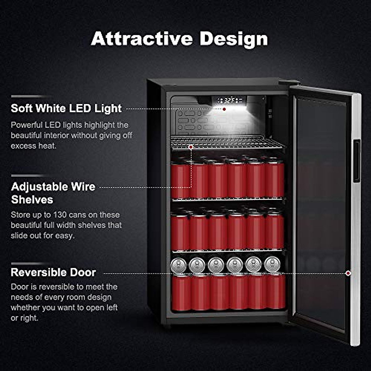 Galanz Beverage Refrigerator Cooler - 130 Can Mini Fridge with Reversible Glass Door & Adjustable Shelves for Soda Beer or Wine - Small Refrigerator for home office or Bar Stainless steel GLB36MS2F07