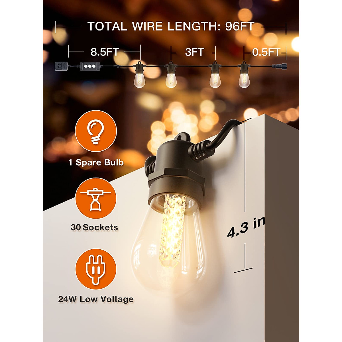 addlon 96FT Smart Outdoor String Lights with Remote, Dimmable Patio Lights with 30 LED Edison Waterproof Bulbs, String Lights for Outside Works with APP, Music Sync Outdoor Lights for Gazebo Backyard
